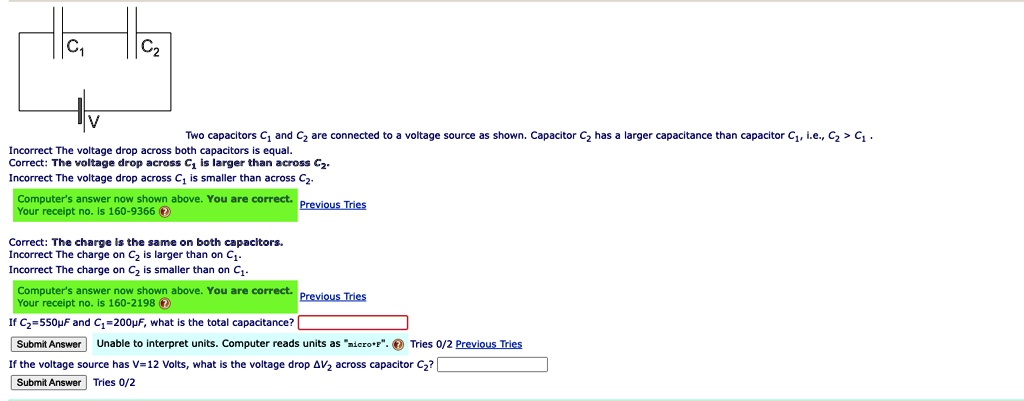 C? C2 Two capacitors C? and C? are connected to a voltage source as shown. Capacitor C? has a ...