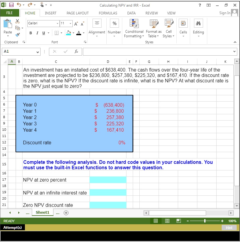 provide excel formula please calculating npv and irr excel file home insert page layout formulas ...