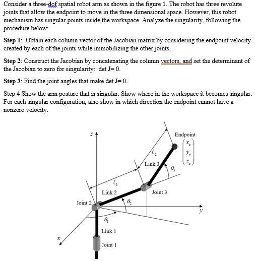 Consider a three-dof spatial robot arm as shown in Figure 1. The robot has three revolute joints ...