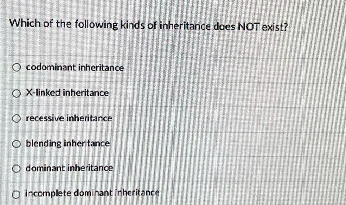 which of the following kinds of inheritance does not exist codominant inheritance 0 x linked ...