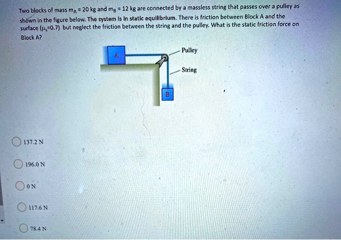 Two blocks of mass ma = 20 kg and mg = 12 kg are connected by a massless string that passes over ...
