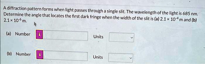 SOLVED: A diffraction pattern forms when light passes through a single slit. The wavelength of ...