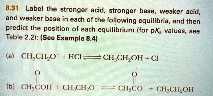 8.31 Label the stronger acid, stronger base, weaker acid, and weaker base in each of the ...