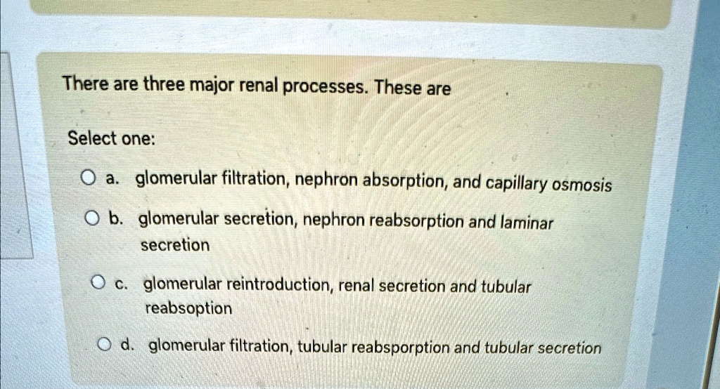 There are three major renal processes. These are Select one: O a ...