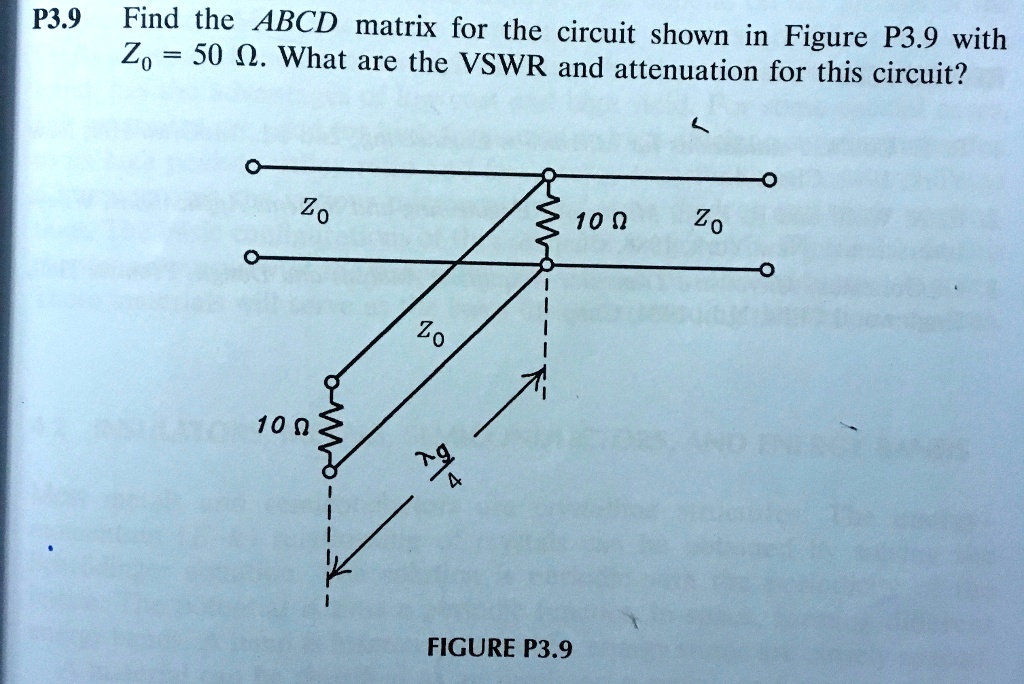 P3.9 Find the ABCD matrix for the circuit shown in Figure P3.9 with Z0 = 50 Ω. What are the VSWR ...