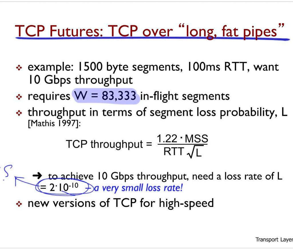 TCP Futures: TCP over l̈ong, fat pipes? example: 1500 byte segments ...