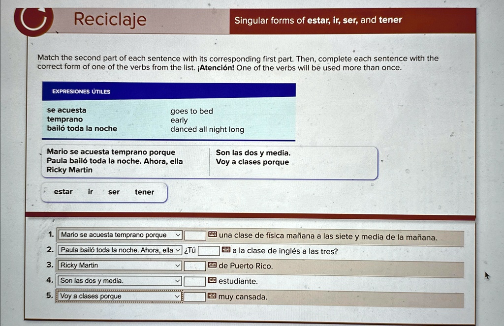 reciclaje singular forms of estar ir ser and tener match the second ...