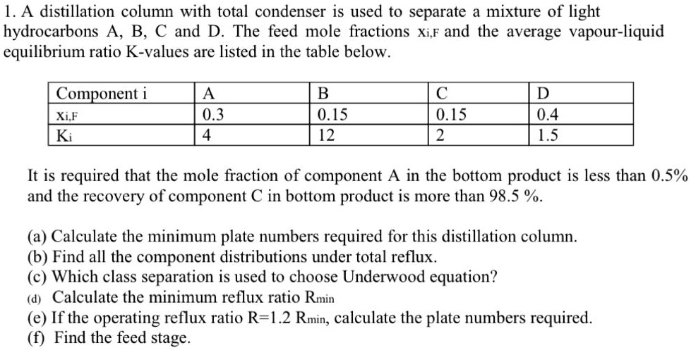 SOLVED: A distillation column with a total condenser is used to ...