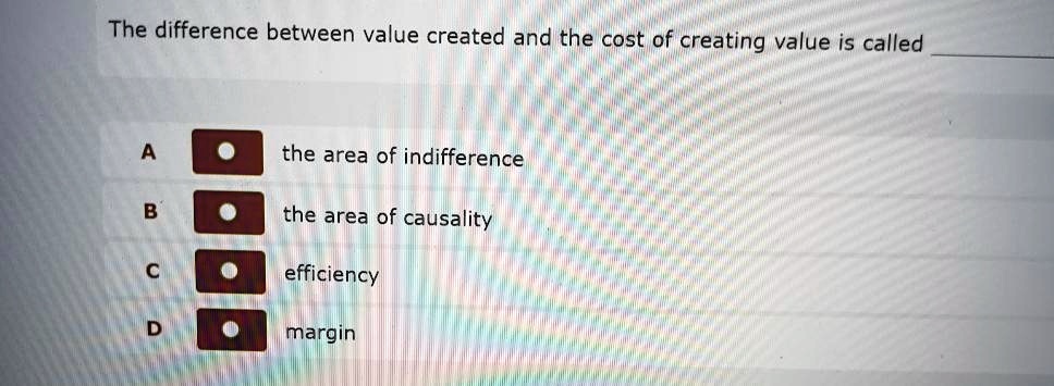 The difference between value created and the cost of creating value is called A the area of ...