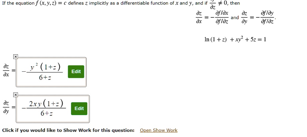 SOLVED: If the equation f(x, y, z) = â‚¬ defines z implicitly as a differentiable function of x ...
