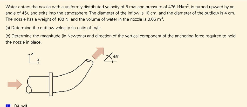 SOLVED: Water enters the nozzle with a uniformly-distributed velocity of 5 m/s and pressure of ...