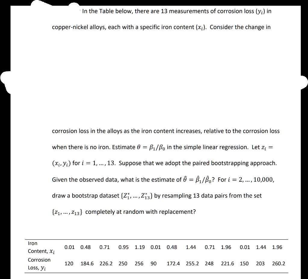 SOLVED: In the table below, there are 13 measurements of corrosion loss (Yi) in copper-nickel ...