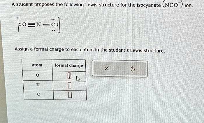 A student proposes the following Lewis structure for the isocyanate NCO ...