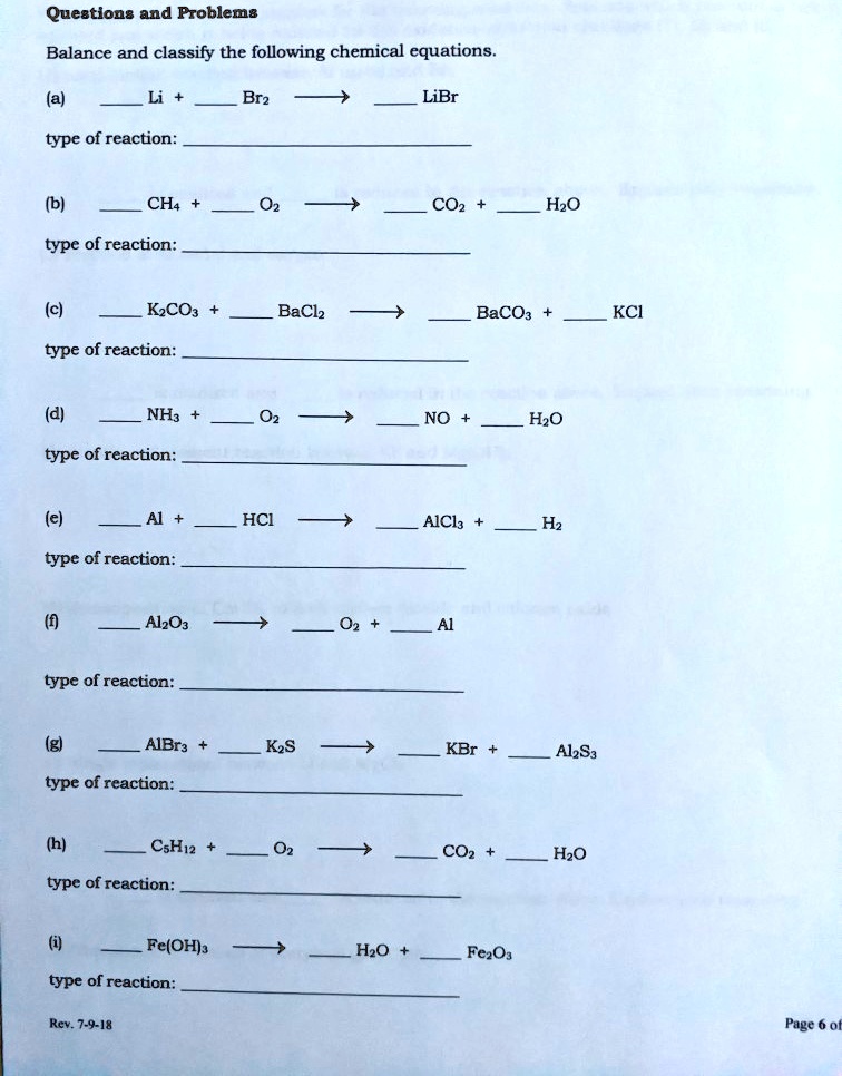 SOLVED:Questions and Problems Balance and classify the following ...