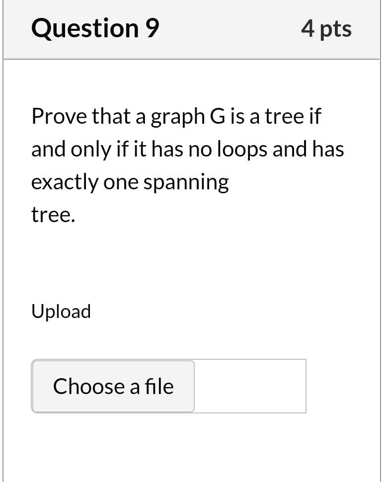 question 9 4 pts prove that a graph gisa tree if and only if it has no loops and has exactly one ...