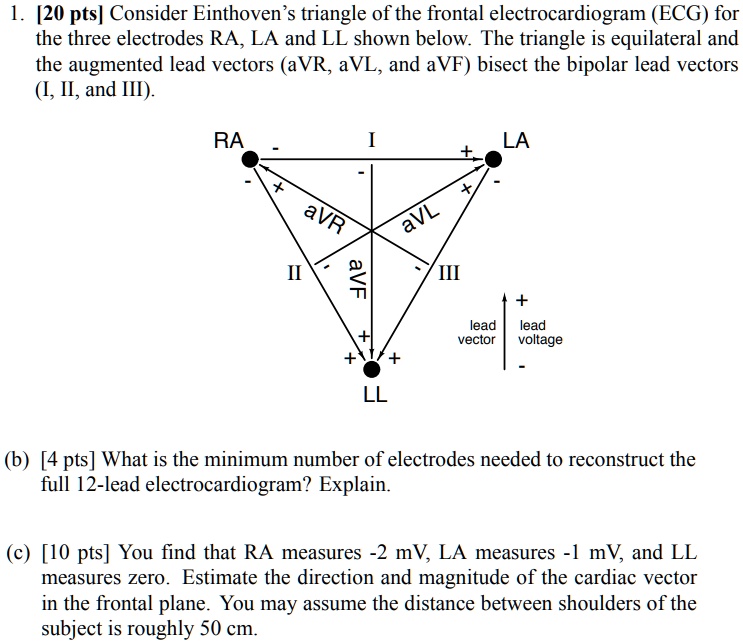 SOLVED: [20 pts] Consider Einthoven's triangle of the frontal electrocardiogram (ECG) for the ...