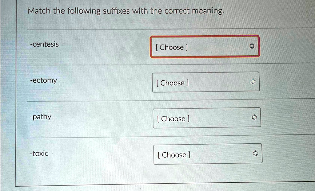 SOLVED: Match the following suffixes with the correct meaning ...