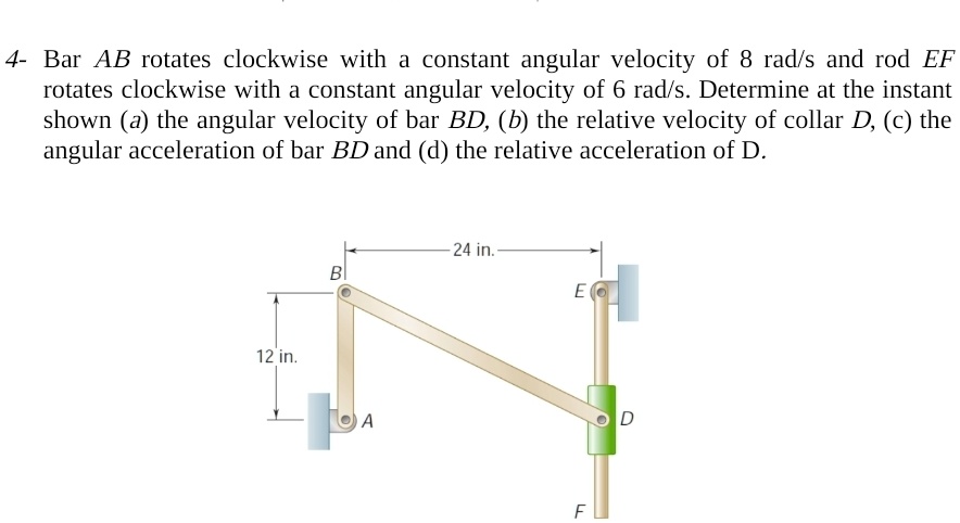 4 Bar Ab Rotates Clockwise With A Constant Angular Velocity Of 8 Rad S And Rod Ef Rotates