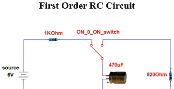 First Order RC Circuit 1KOhm ON0ONswitch source 6V 470uF 820Ohm