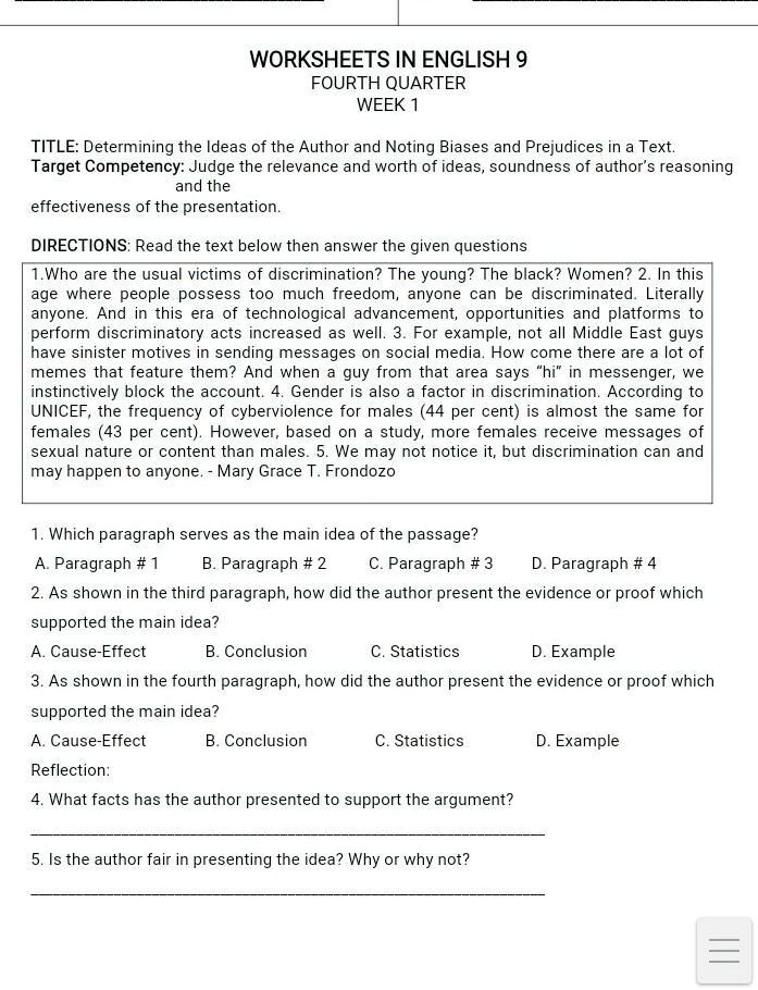 SOLVED: Please answer this. I just need it now. WORKSHEETS IN ENGLISH 9 ...