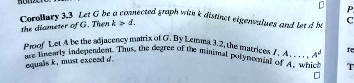 nonte corollary 33 let g be a connected graph with k distinet diameter of g then k eigenvalues ...