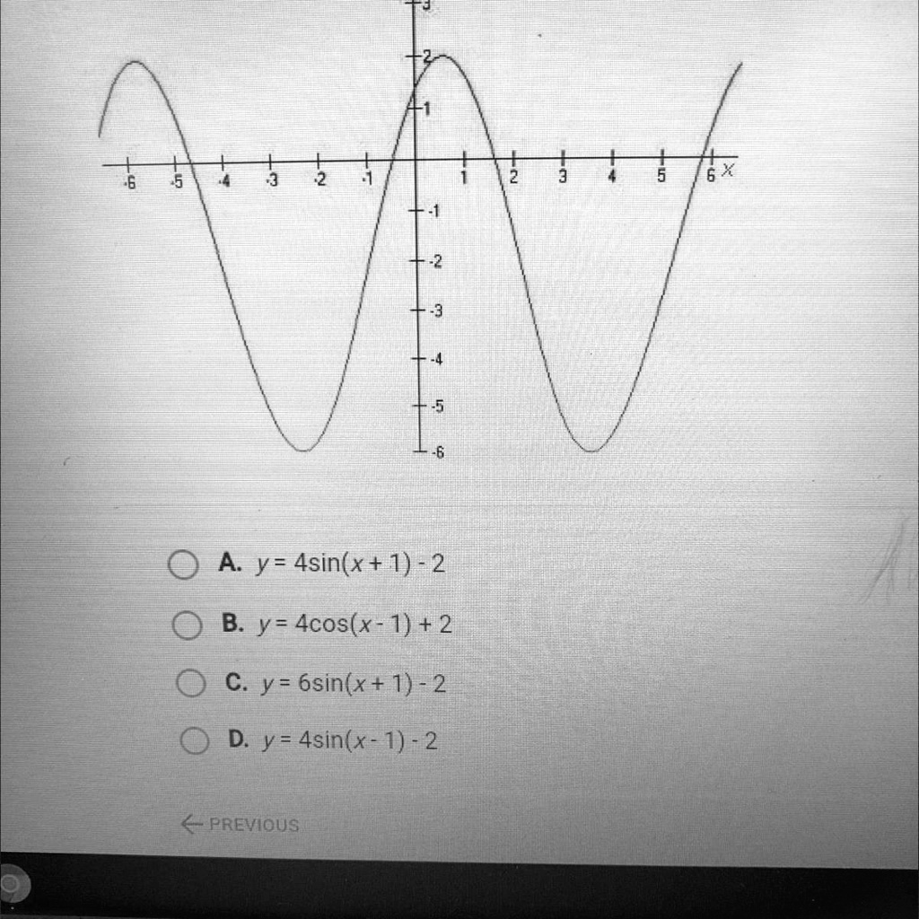 SOLVED: Choose the function whose graph is given by t 0 A: y = 4sin(x + 1) - 2 0 B: y = 4cos(x ...