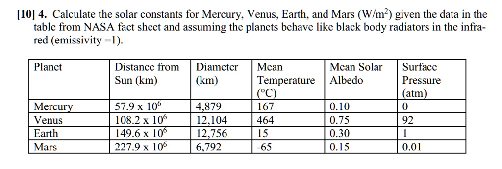 SOLVED: [10] 4. Calculate the solar constants for Mercury, Venus, Earth ...