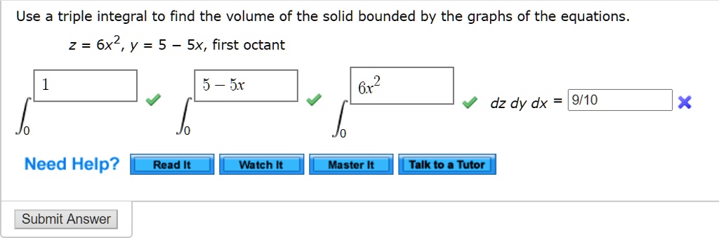 SOLVED: Use a triple integral to find the volume of the solid bounded by the graphs of the ...