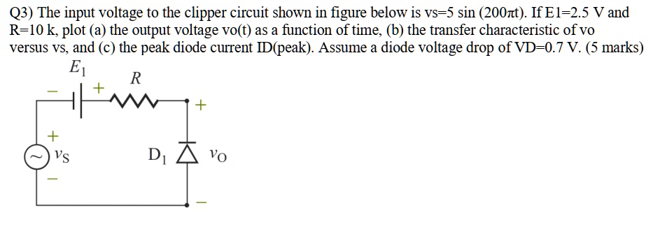 SOLVED: Q3) The input voltage to the clipper circuit shown in the figure below is vs - S sin (2Ï ...