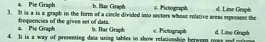 a. Pie Graph b. Bar Graph c. Pictograph d. Line Graph 3. It is a is a graph in the form of a ...