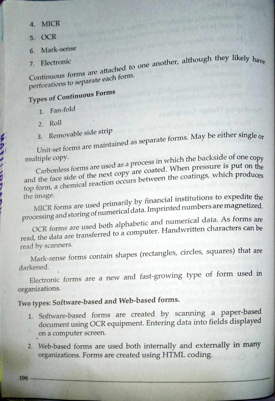 SOLVED: 4. MICR 5. OCR 6. Mark-sense 7. Electronic Continuous forms are attached to one another ...