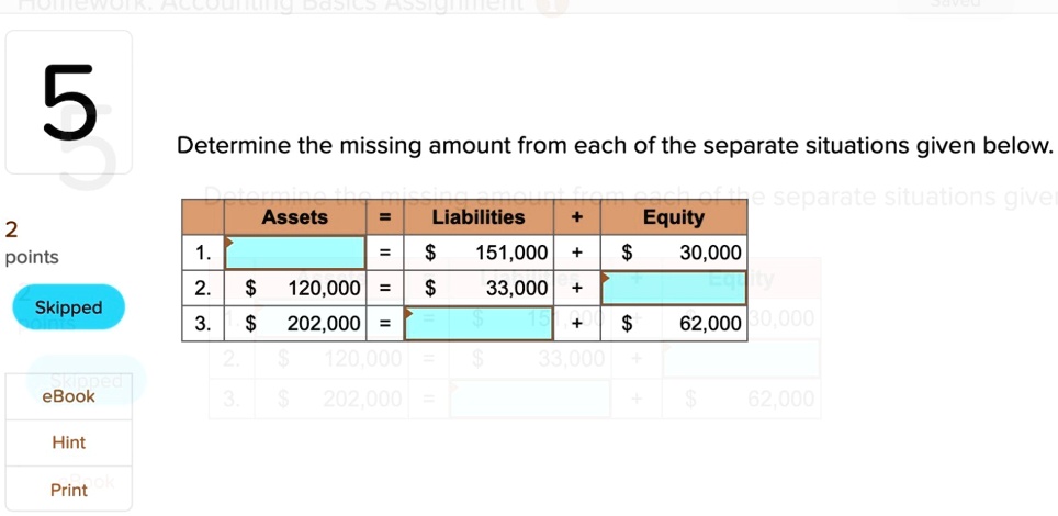 SOLVED: Texts: 1. Determine the missing amount from each of the separate situations given below ...