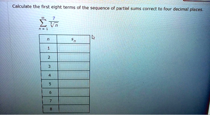 SOLVED: Calculate the first eight terms of the sequence of partial sums ...