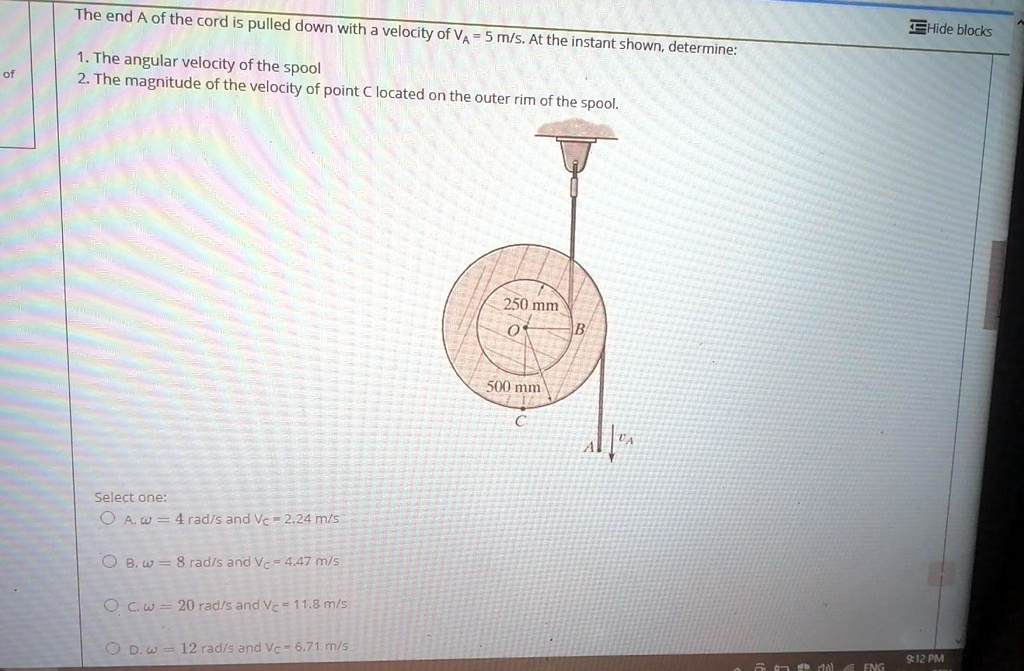 SOLVED: The end A of the cord is pulled down with a velocity of V = 5 m/s. At the instant shown ...