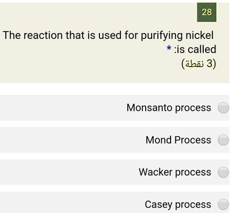 SOLVED: 82 The reaction that is used for purifying nickel :is called ...