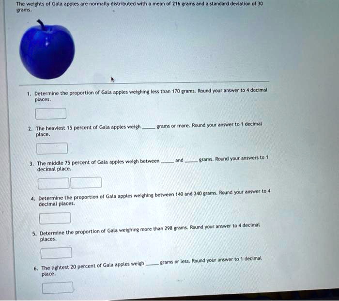 the weights 0f gala applcs are normally distrbuted with mcan ot 216 ...