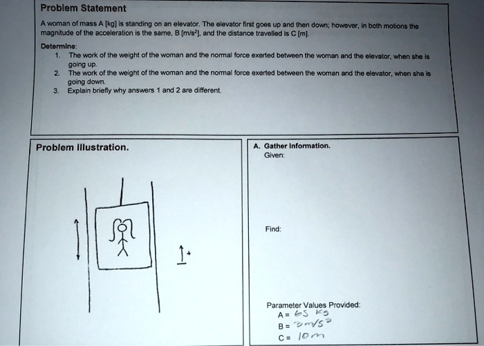 Problem Statement A woman of mass A [kg] is standing on an elevator ...