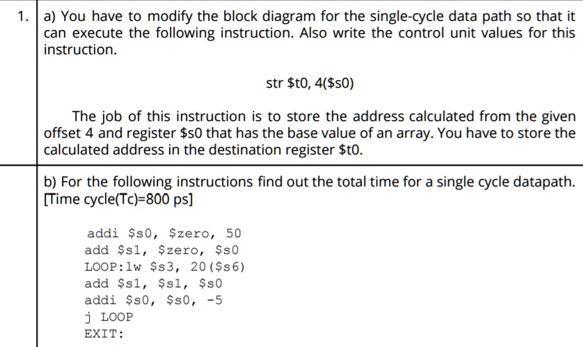 1. a) You have to modify the block diagram for the single-cycle data path so that it can execute ...