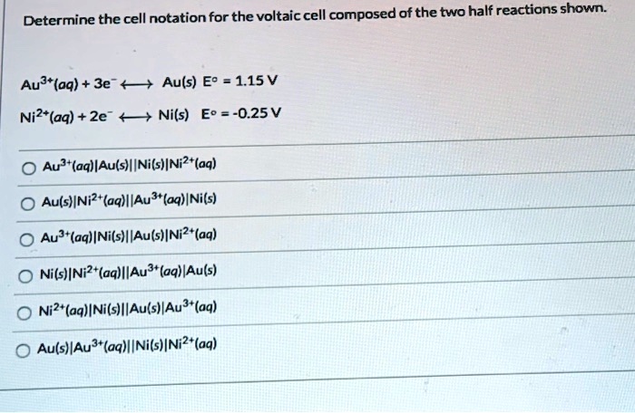 SOLVED:Determine the cell notation for the voltaic cell composed of the ...