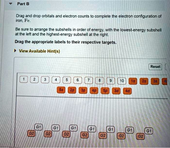 Pant B Drag and drop orbitals and electron counts t0 complete the electron configuration of iron ...