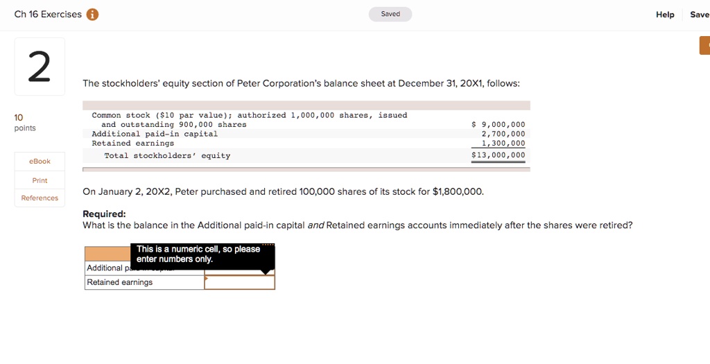 Ch 16 Exercises 2 10 points Saved The stockholders' equity section of ...