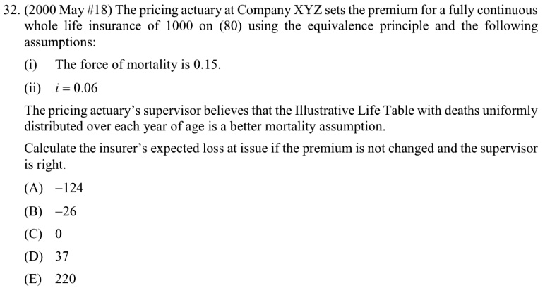 32. (2000 May #18) The pricing actuary at Company XYZ sets the premium ...