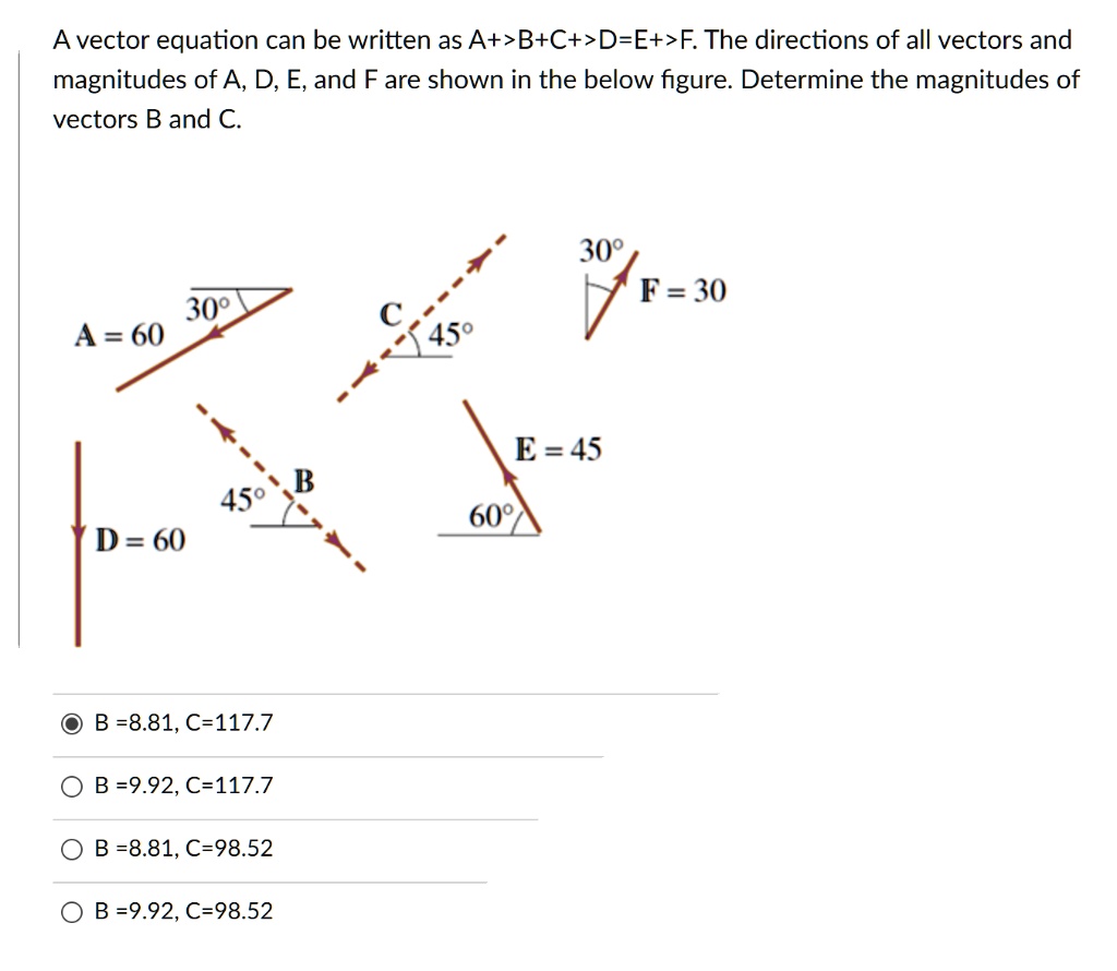 SOLVED: A vector equation can be written as A+>B+C+>D-E+>F: The ...