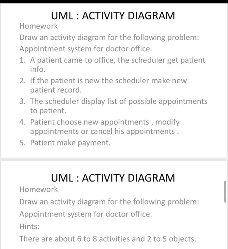 UML: ACTIVITY DIAGRAM Homework Draw an activity diagram for the following problem: Appointment ...