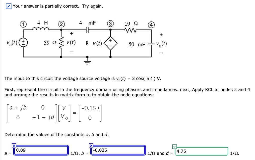 SOLVED: The input to this circuit the voltage source voltage is vs(t) = 3 cos( 5 t ) V. First ...