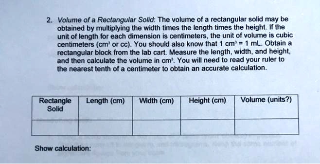 SOLVED: Volume of a Rectangular Solid: The volume of a rectangular ...