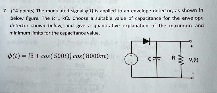 7. (14 points) The modulated signal ϕ(t) is applied to an envelope detector, as shown in below ...