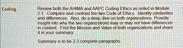 SOLVED: Coding Review both the AHIMA and AAPC Coding Ethics as noted in ... SOLVED: Coding Review both the AHIMA and AAPC Coding Ethics as noted in ...