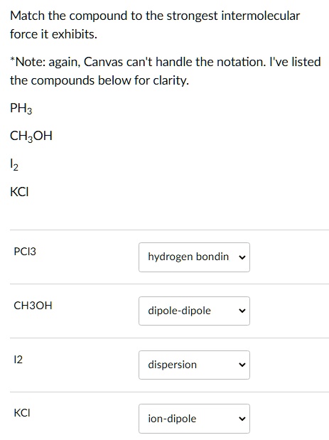 SOLVED: Match the compound to the strongest intermolecular force it ...