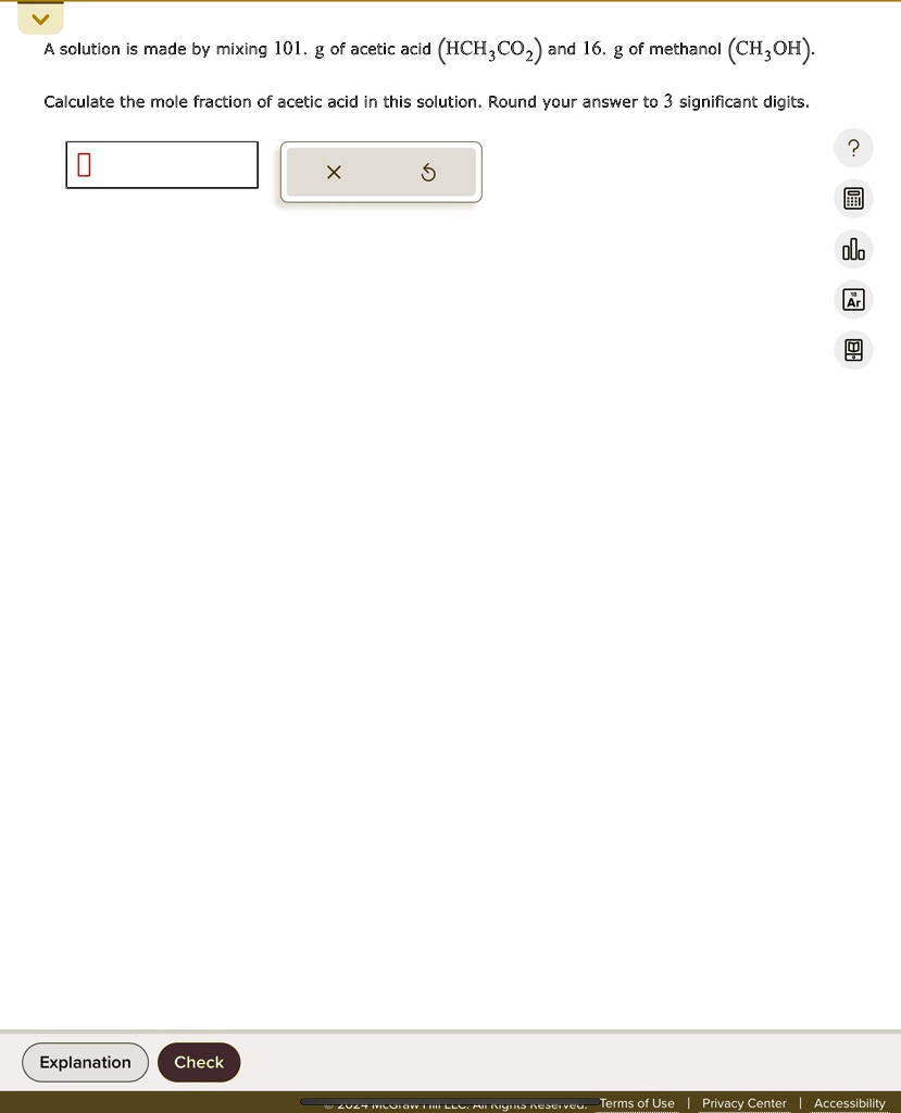 A solution is made by mixing 101. g of acetic acid (HCH3CO2) and 16. g ...
